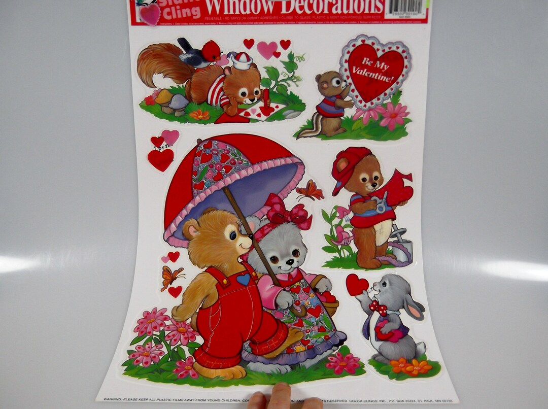 Vintage Valentine's Day Magic Cling Window Decorations Bears Rabbit ...