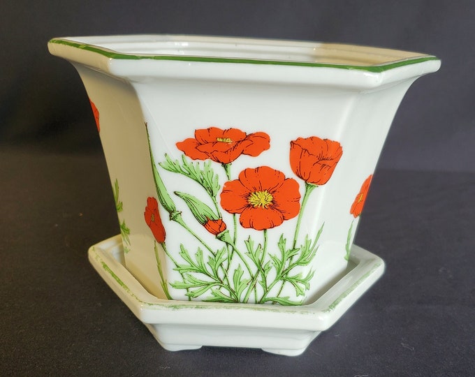Vintage Hexagon Porcelain Planter, Made in Japan, Porcelain Poppy ...