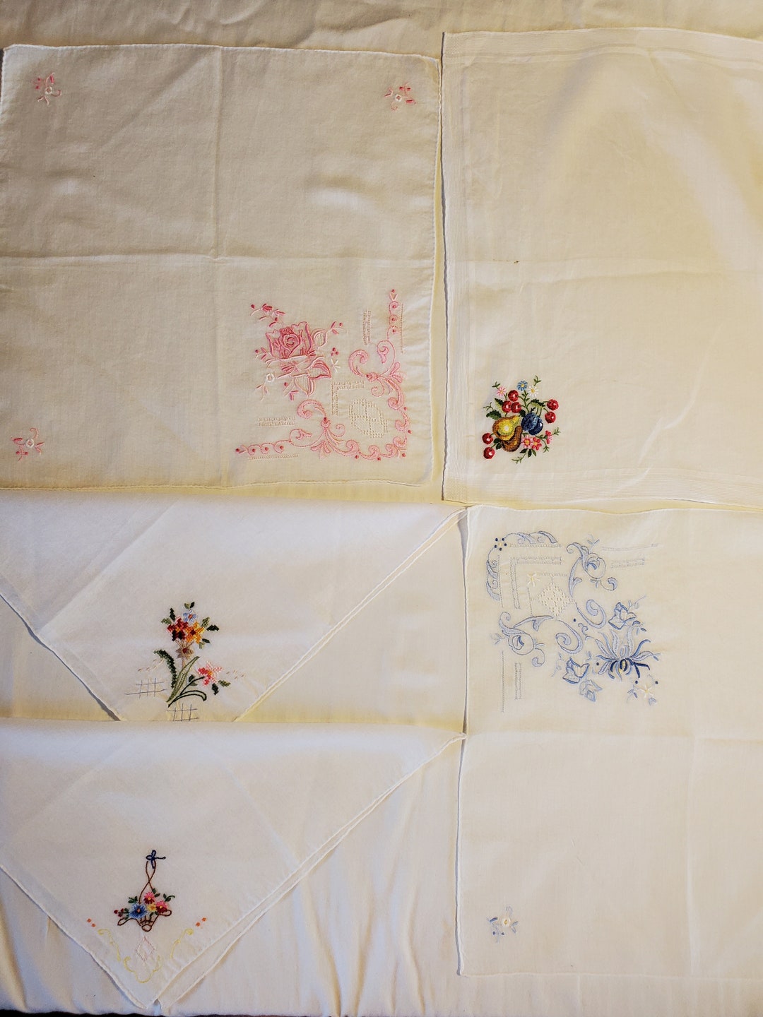 Vintage Cotton Handkerchief Set of 5, Embroidered Handkerchiefs, White ...