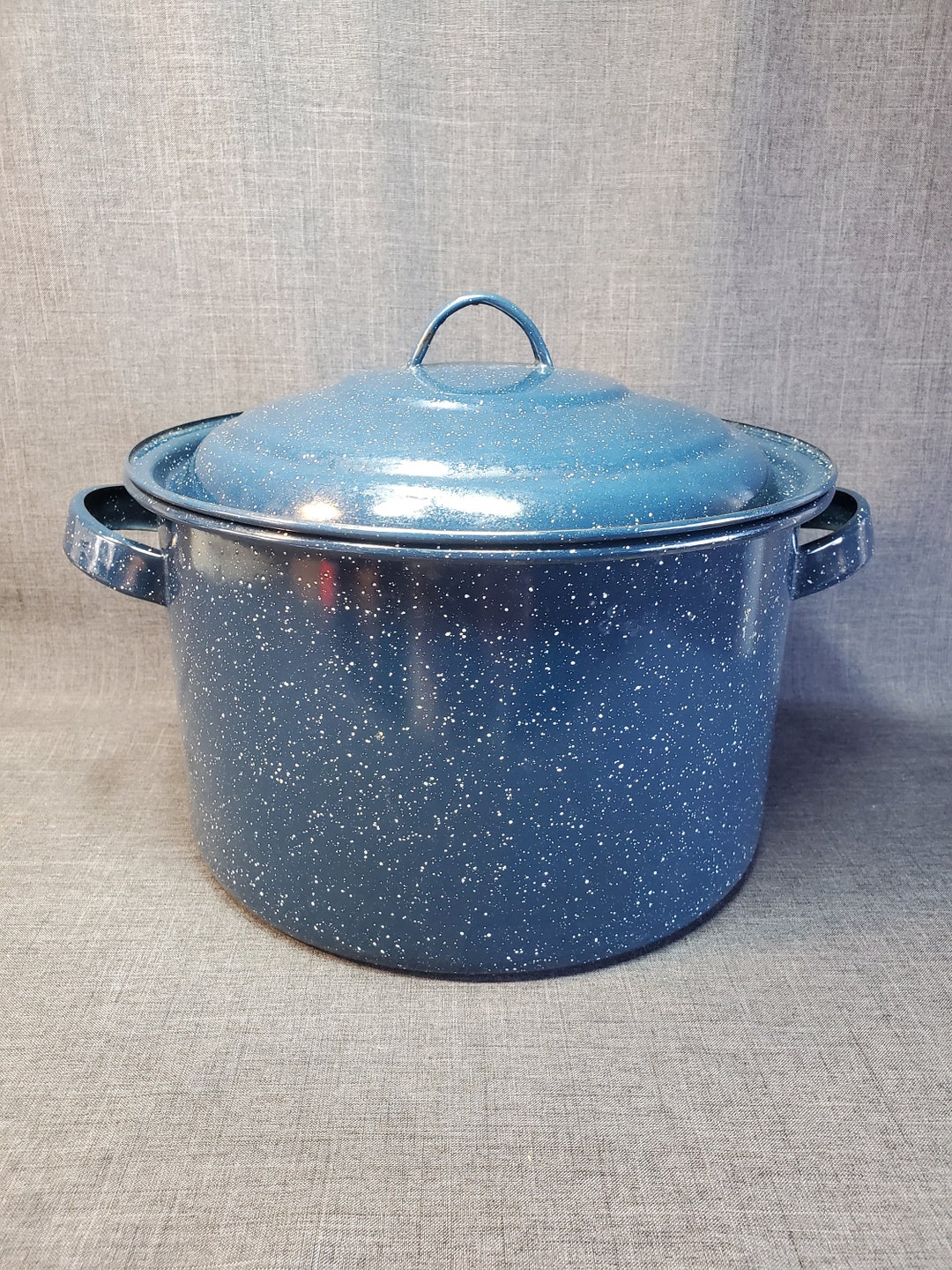 Vintage Blue and White Speckled Enamelware Pot, 10 3/4 In. Diameter ...