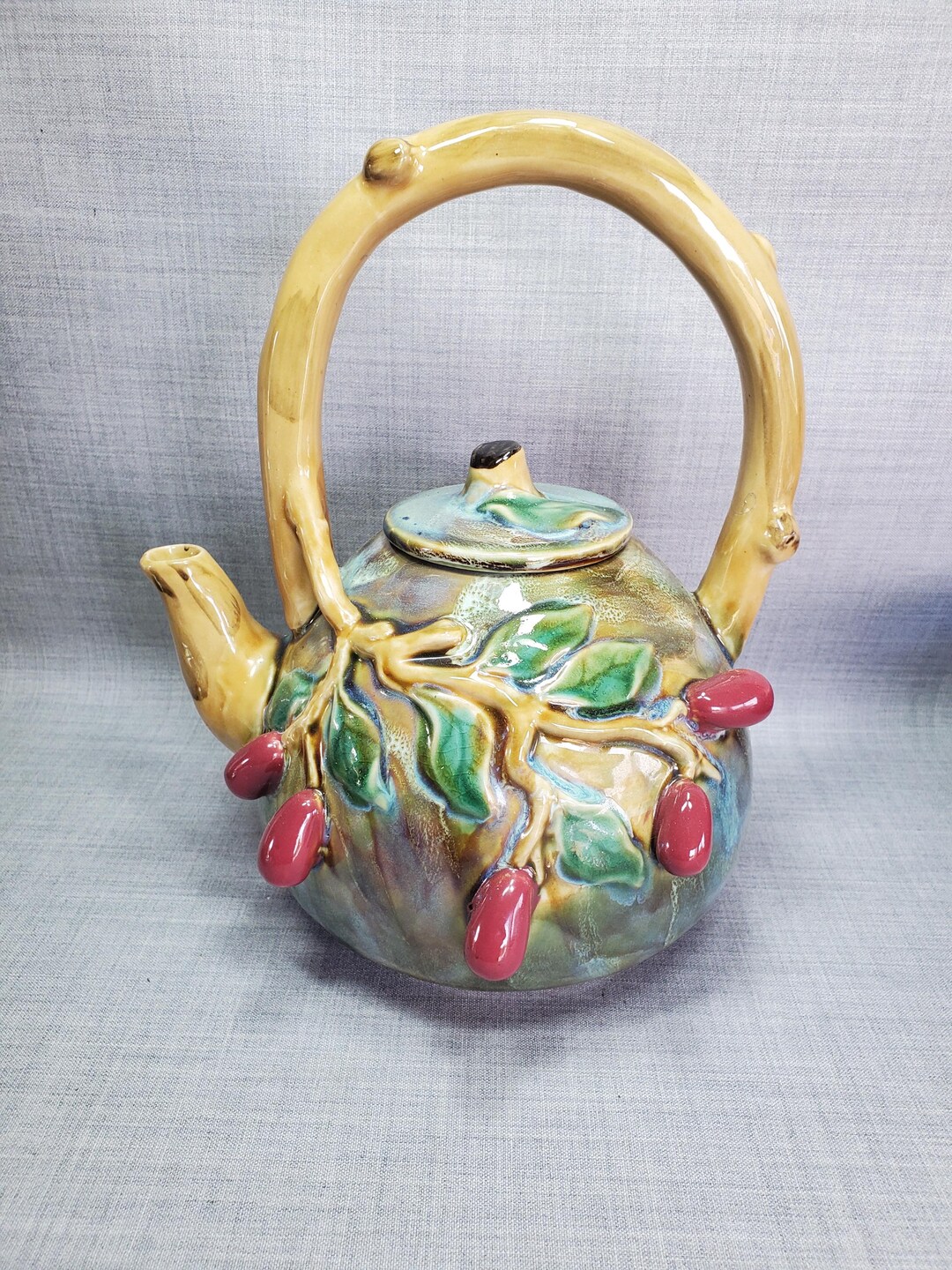 Majolica Style Teapot With Olive Branch Design, Vintage Olive Majolica ...