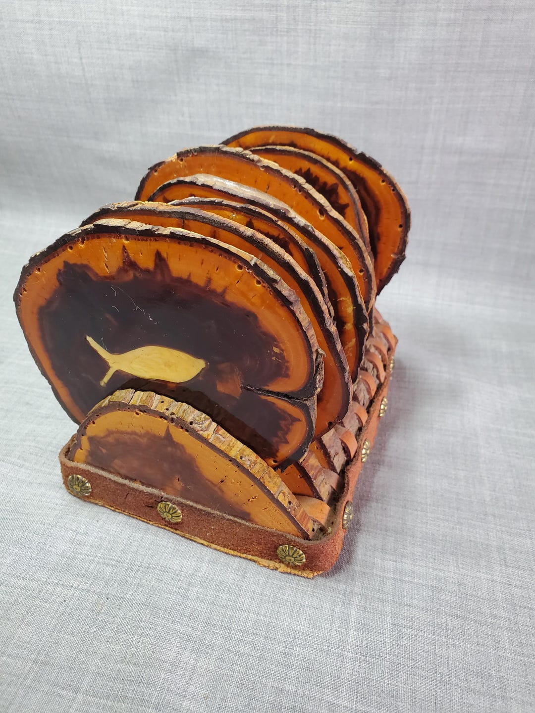 Set of 7 Wood Slab Coasters, Wooden Coasters With Fish Design, Vintage ...