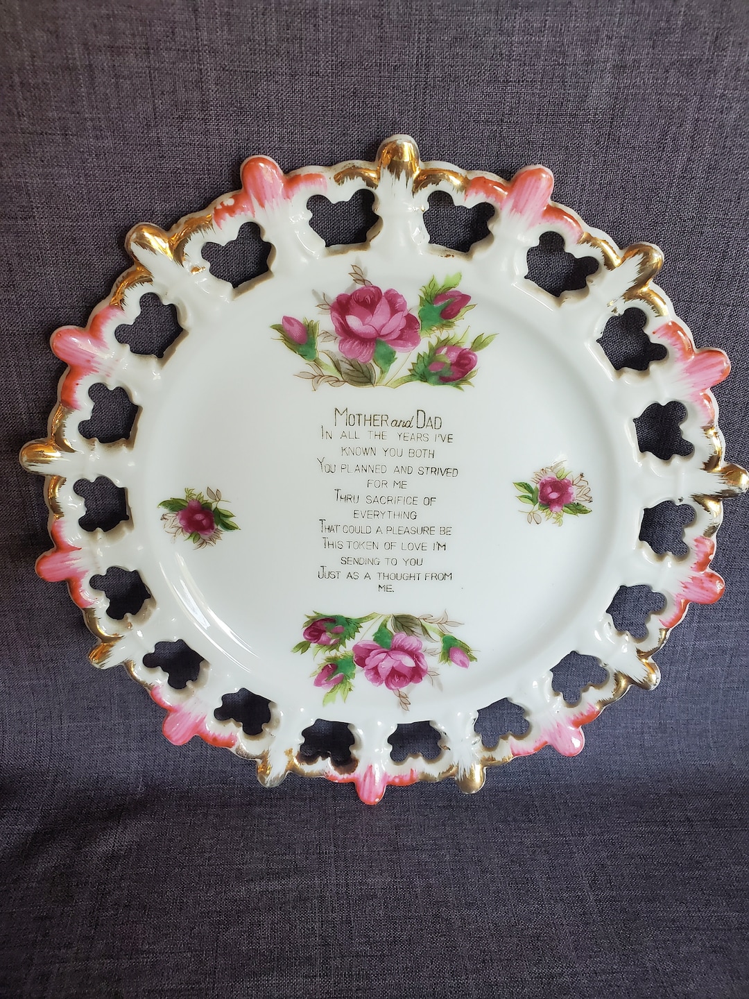Porcelain Mother & Dad Poem Plate, Vintage Porcelain Collectible Plates ...