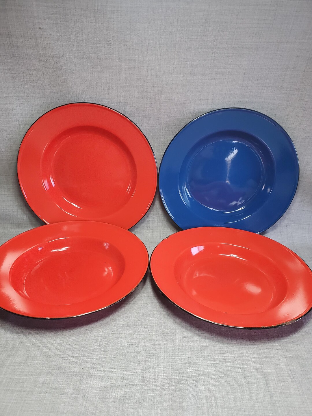 Set of 4 Blue & Red Enamel Campware Plates, Red and Blue Enamelware ...