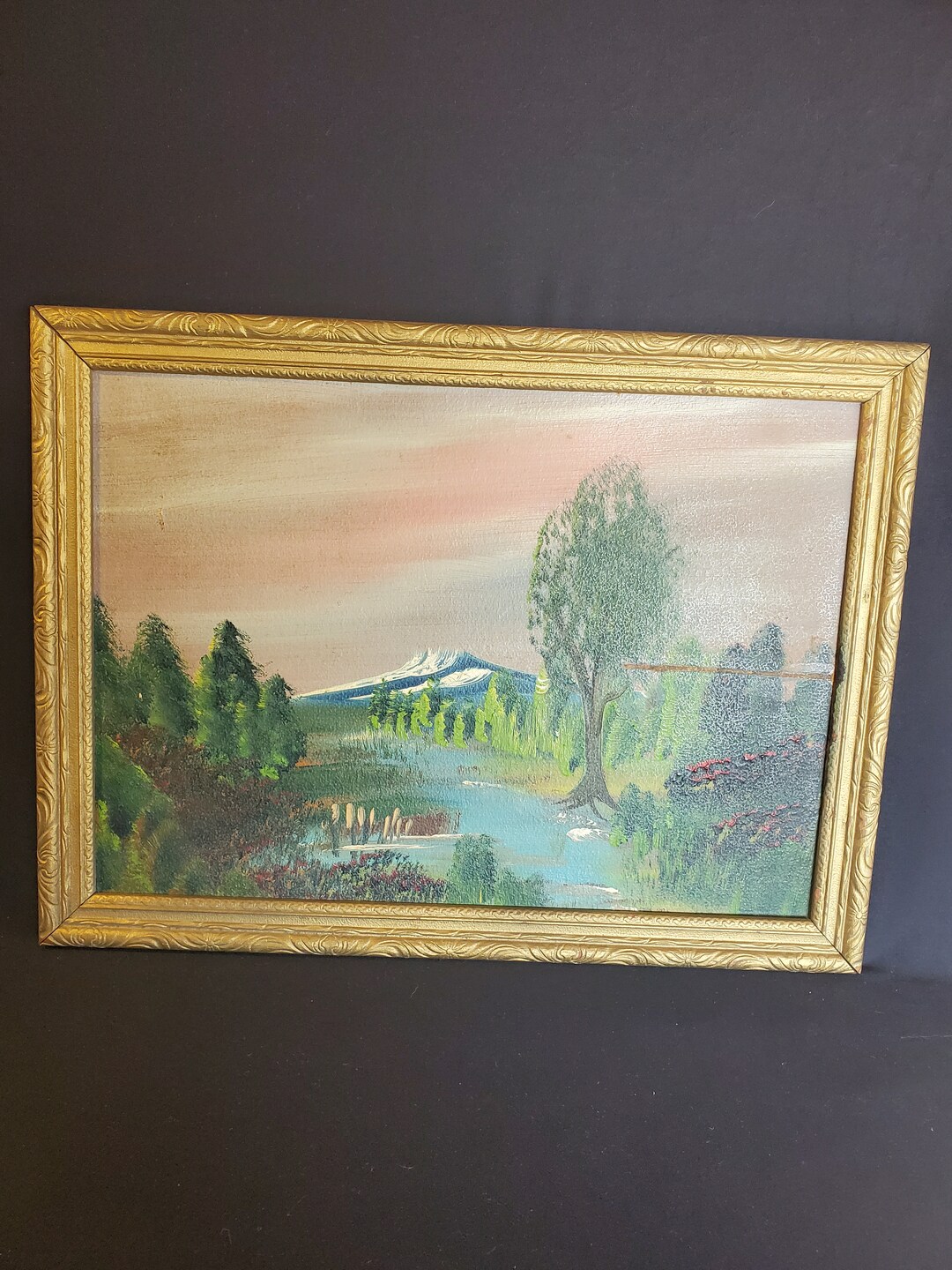 Vintage Mountain Scene Oil Painting, Vintage Wood Frame Oil Painting of ...