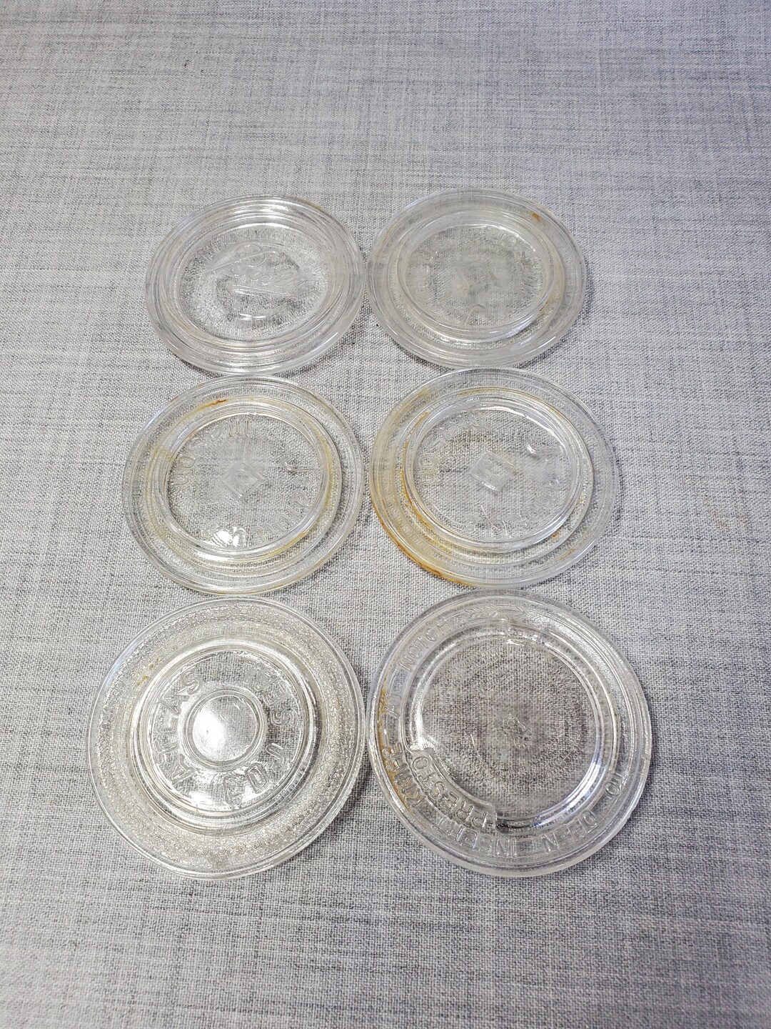 Lot of 6 Antique Canning Lid Inserts for Zinc Lids, Clear Glass Canning ...