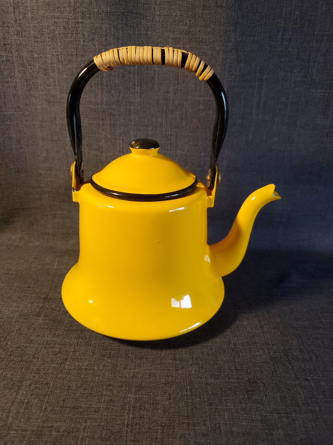 Vintage Japan Yellow Enamelware Teapot With Black Handle - Etsy