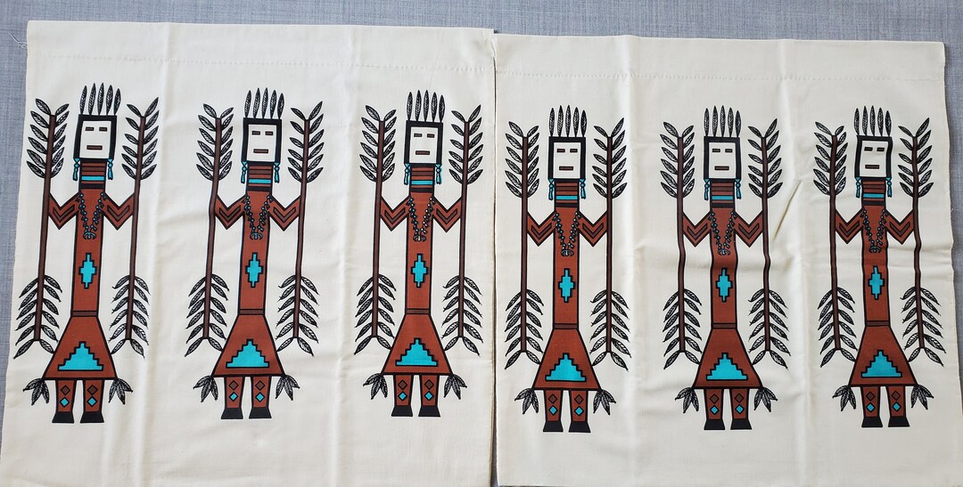 Set of 2 Vintage Hopi Kachina Doll Curtain or Pillow Panels, Native ...
