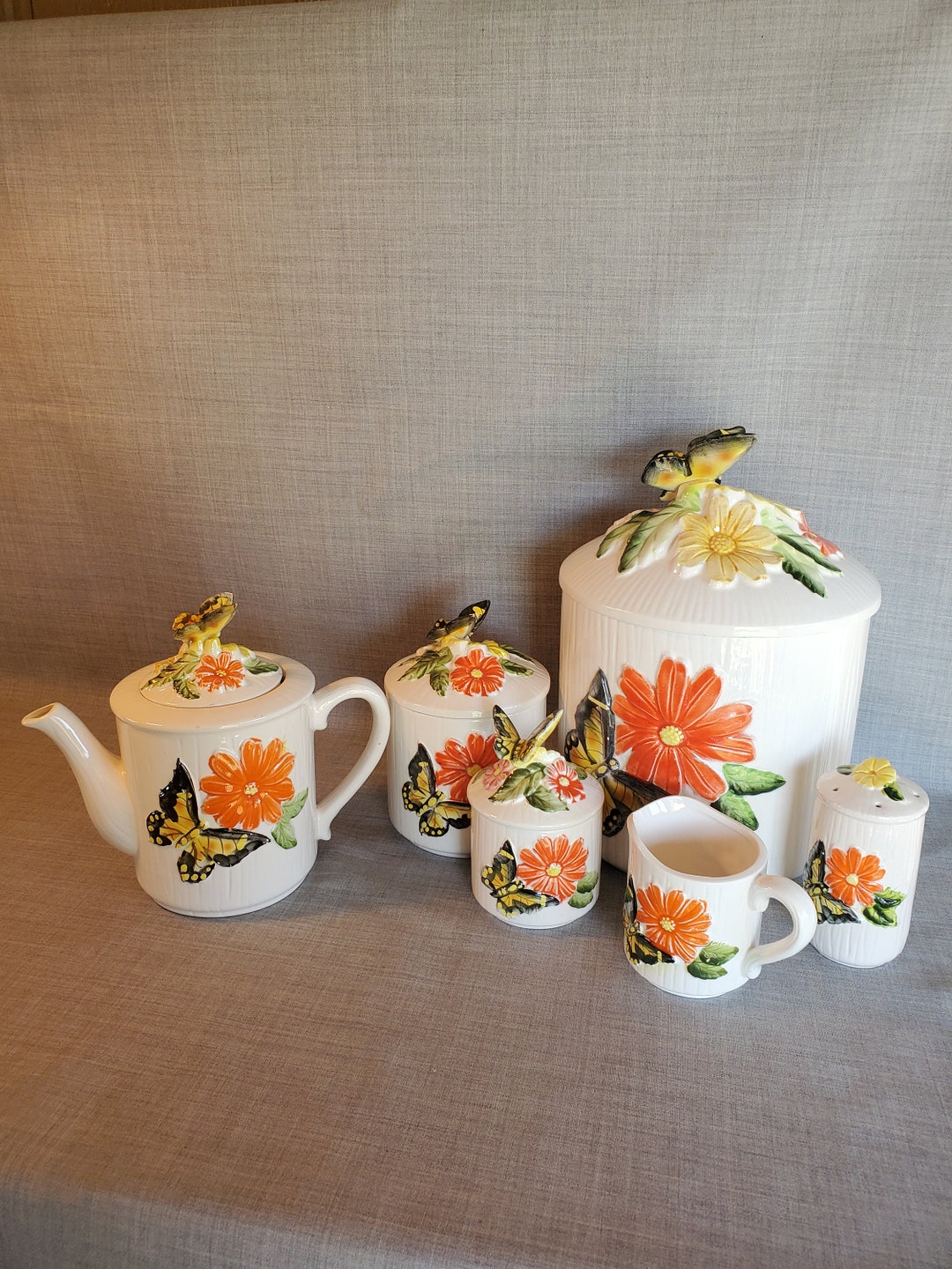 6 Piece Set of Butterfly & Flowers Canisters and Tea Set, Vintage ...