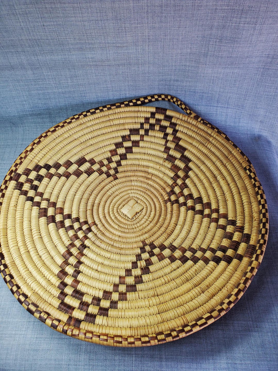 Woven Flat Basket With Brown Star Design, Grass Flat Basket, 14 3/4 In ...