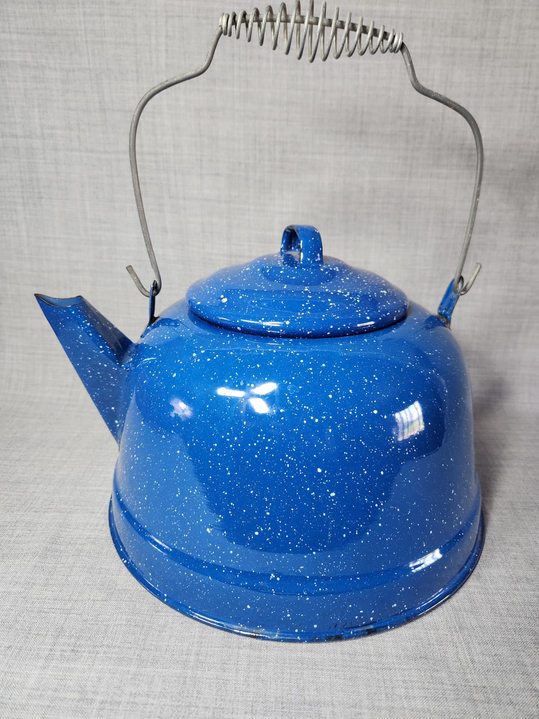 Large Blue Enamelware Kettle, 10 In. Blue Speckled Enamelware Coffee ...