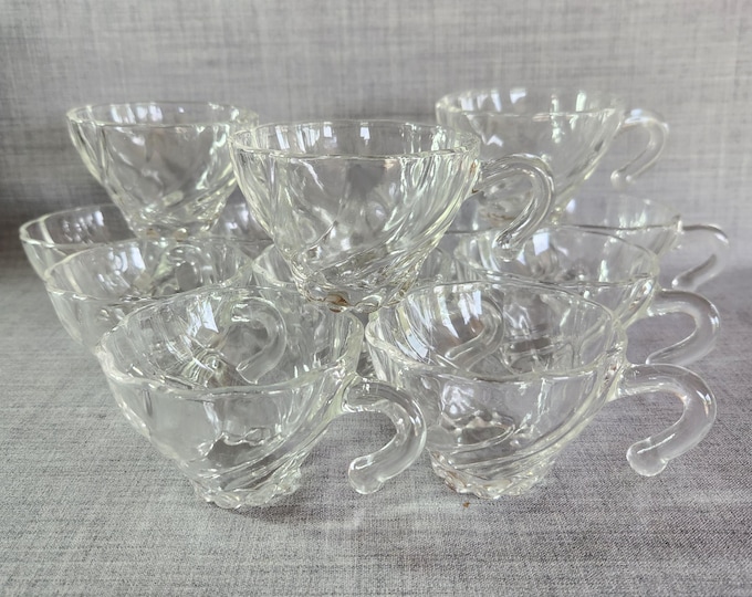 Set of 12 Clear Glass Punch Cups, Vintage Glass Punch Set, Swirl Clear ...