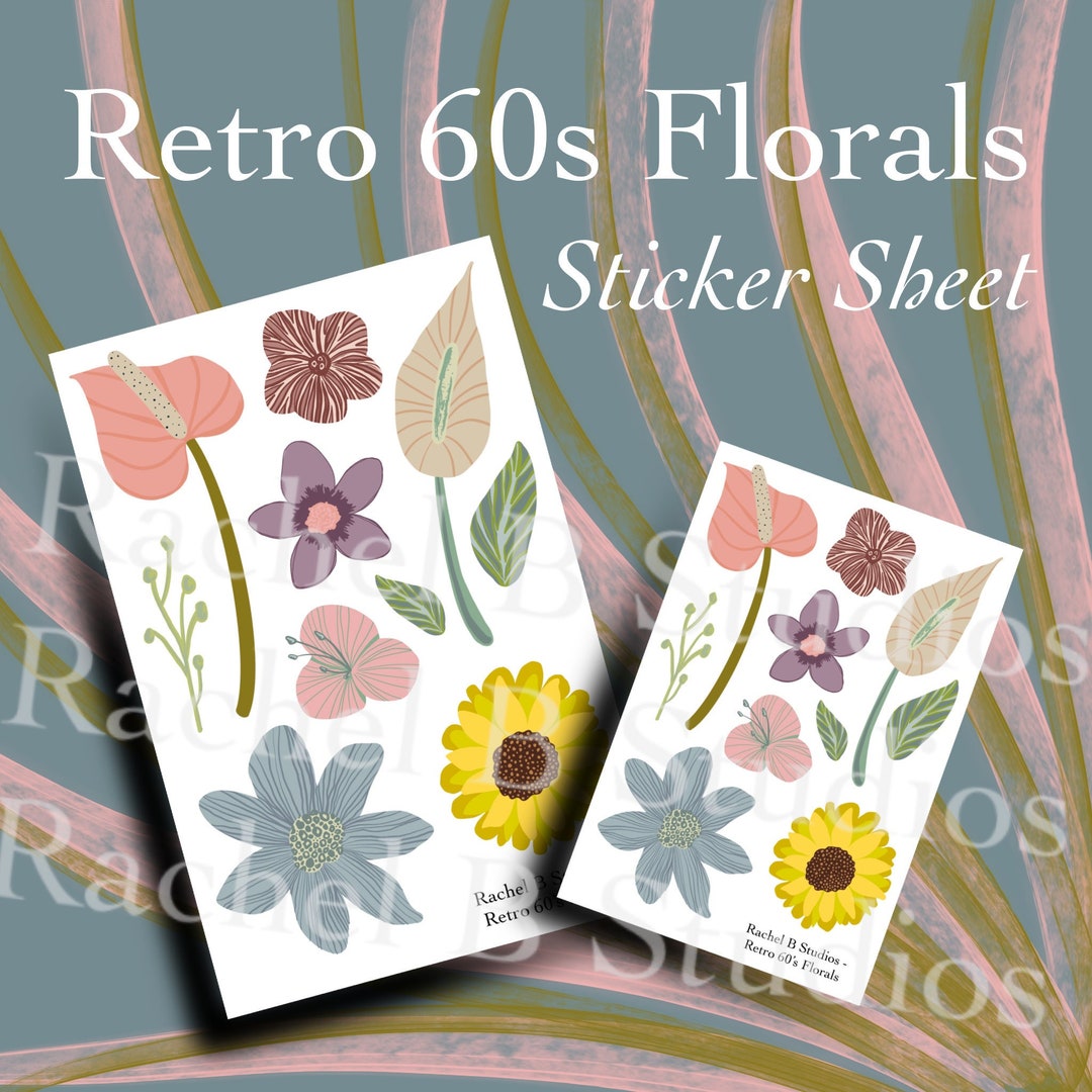 Retro 60s Florals Sticker Sheet > Art Deco Flat Muted Flower Planner ...