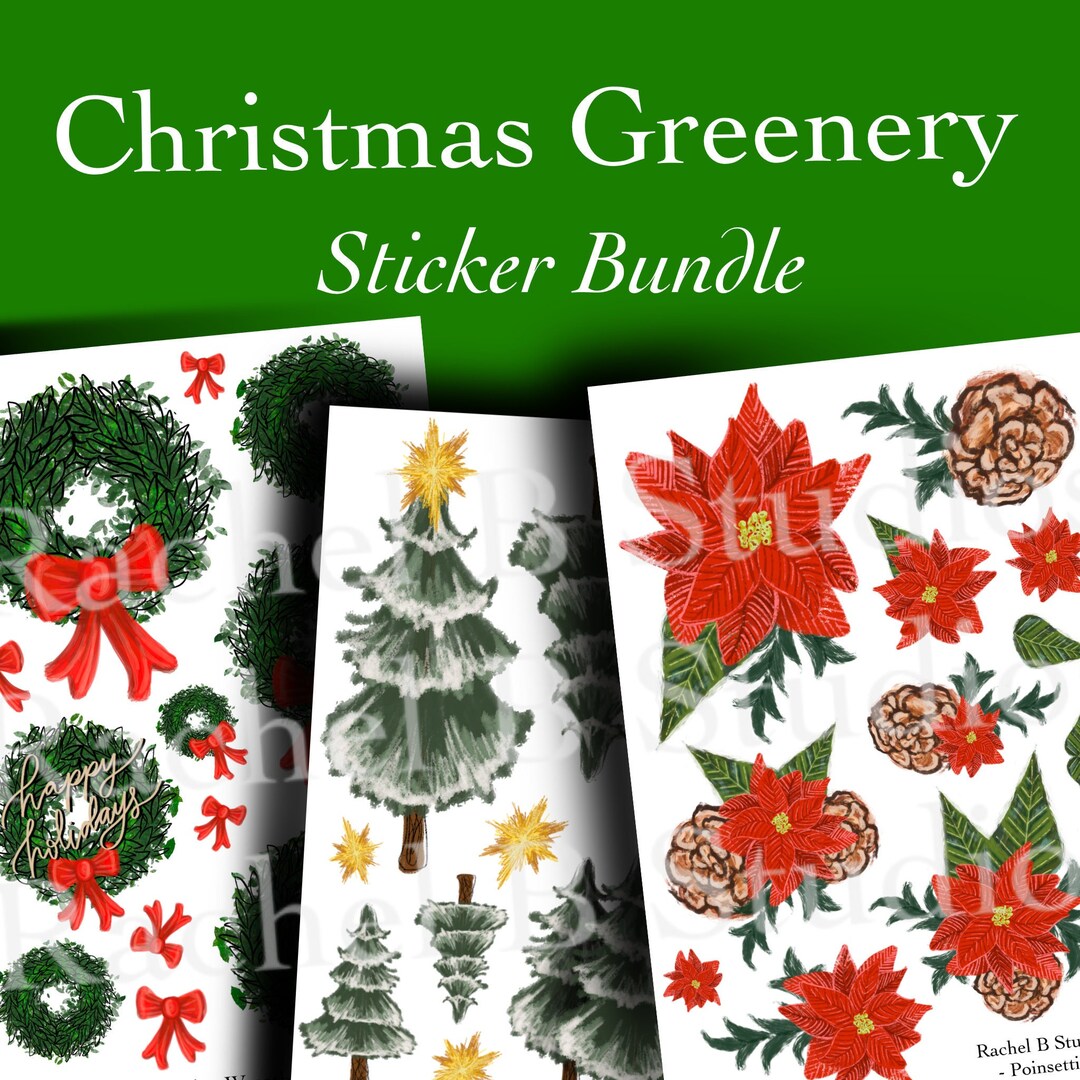 Christmas Greenery Sticker Bundle > Pine Wreaths Trees Poinsettias ...