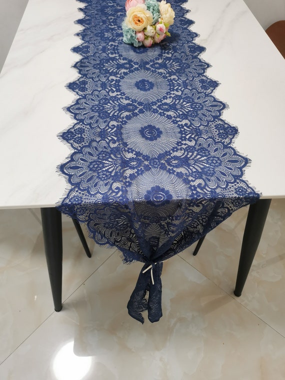 Navy Blue Lace Table Runner With Scalloped Edge Navy Lace - Etsy