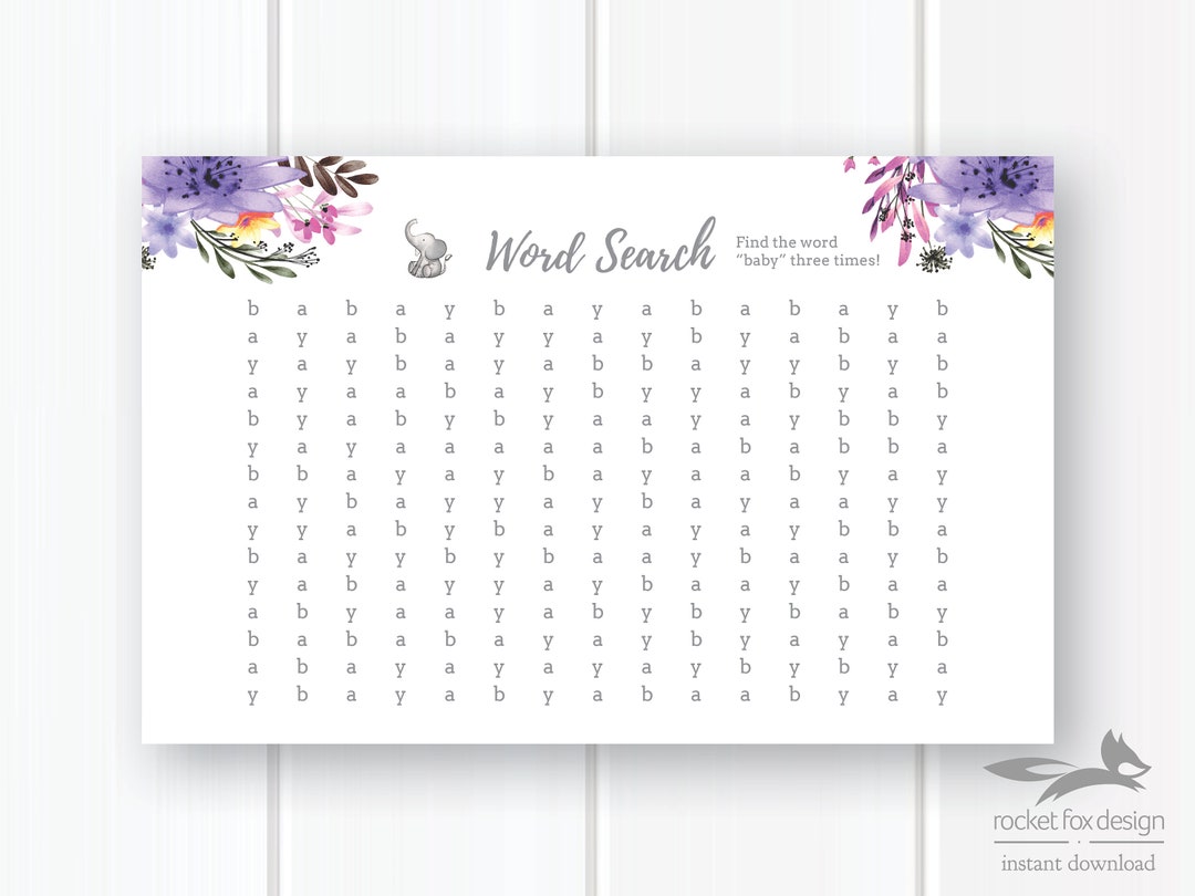 Elephant Baby Shower Word Search Game, Baby Word Search, Elephant Theme ...