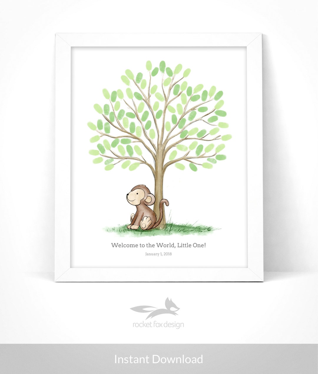 Monkey Fingerprint Guestbook | Monkey Baby Shower Fingerprint Tree ...