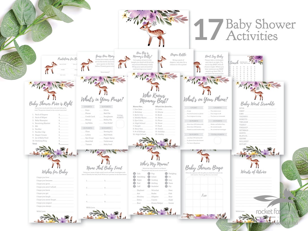 Deer Theme Baby Shower 17 Activity Bundle, 17 Baby Shower Activity Pack ...