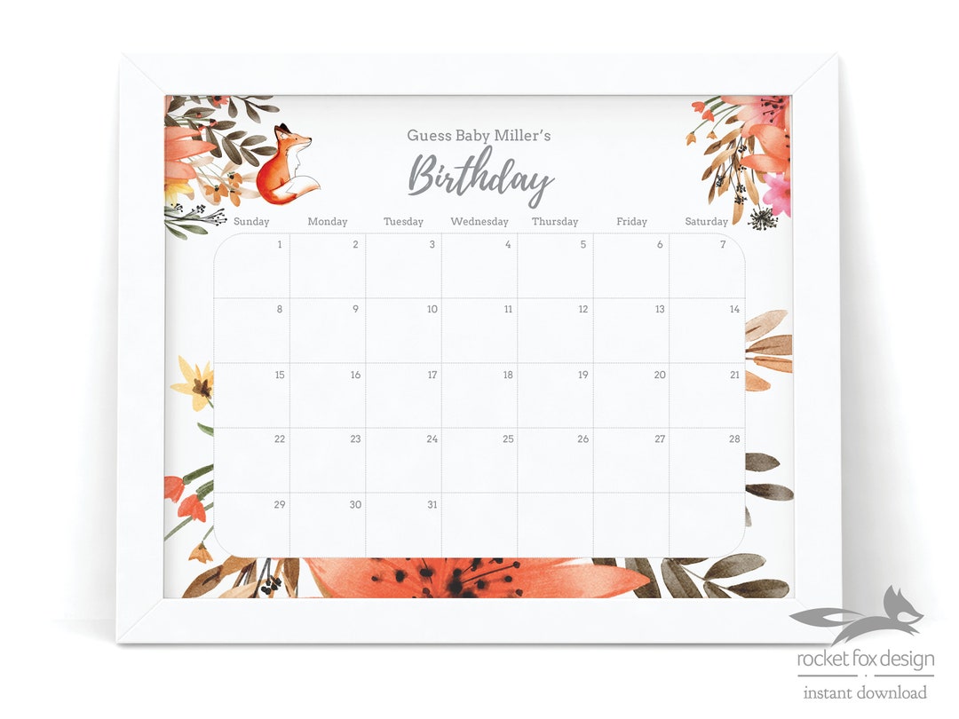 Fox Baby Due Date Calendar, Birthday Predictions Guessing Game, Fox ...