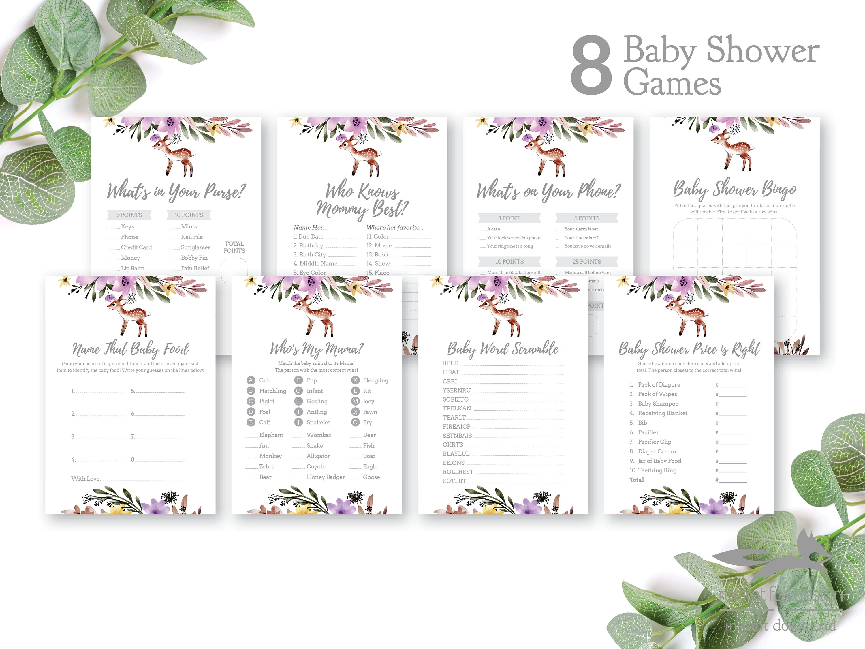 Deer Theme Baby Shower Games Bundle, 8 Baby Shower Game Pack, Deer ...