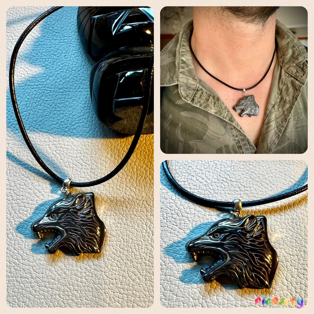 Wolf Pendant Men's Jewelry, Hematite Wolf Head Pendant With Leather ...