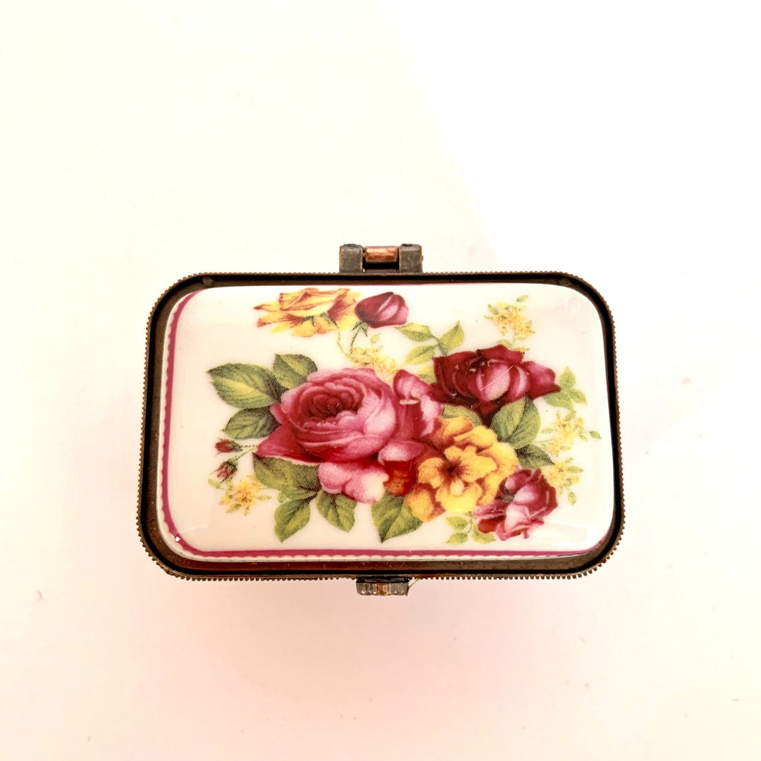 Vintage Jewelry Box Rose Pattern, Small Keepsake Box, Ceramic Tin ...