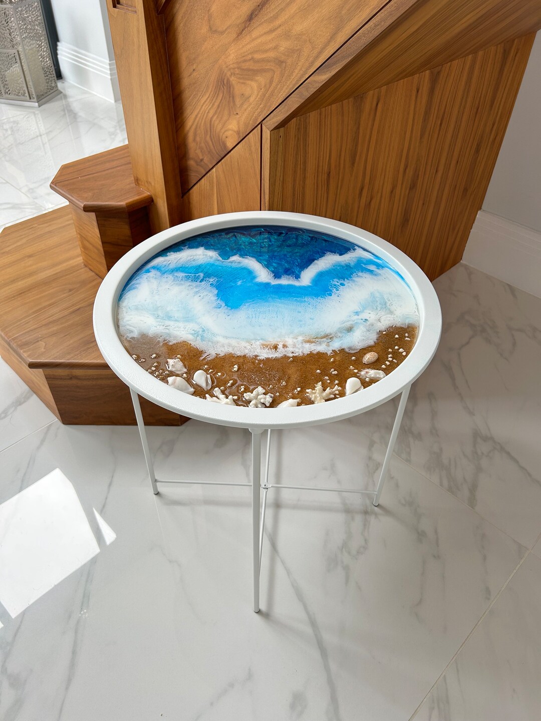 White Textured Beach Scene Epoxy Resin Art Tray /table With Shells and ...