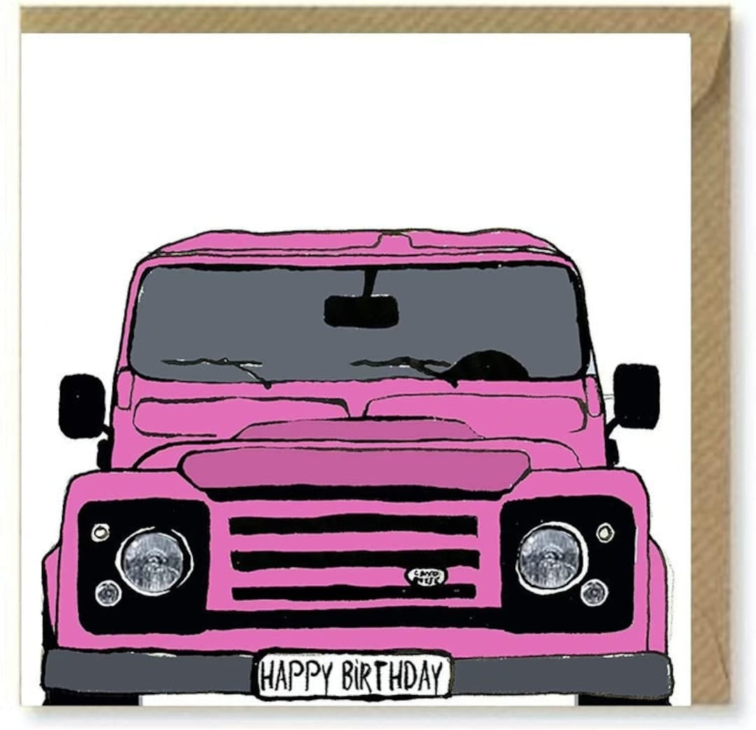BIRTHDAY CARD Land Rover Pink Defender Illustration Vintage Car ...