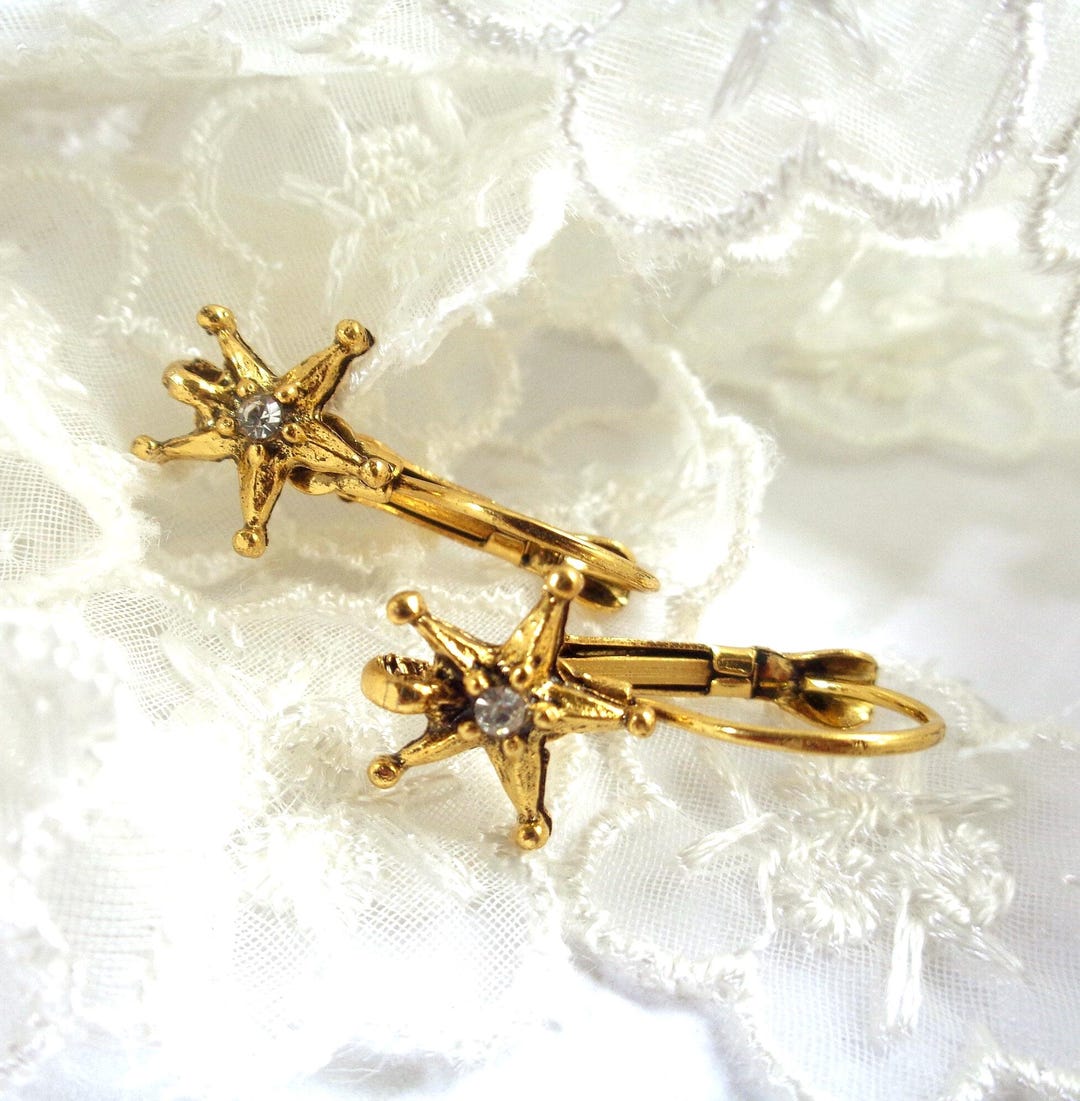RARE 2 ETOILE Retro Old Gold Sleepers, Clear Rhinestone + Closed Ring ...