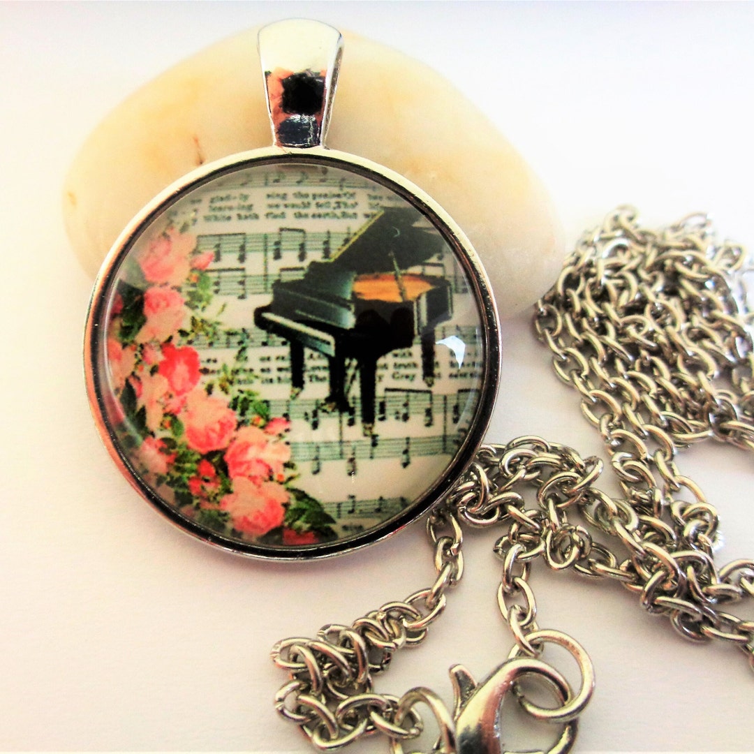 MUSICAL INSTRUMENT Theme Pendant Necklace, Domed floral Piano Cabochon ...