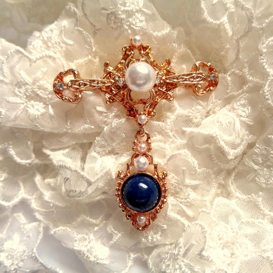 RARE Victorian Style Cross Pin Brooch, for Her or Him, Old Gold, Navy ...