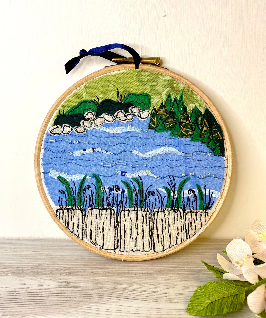 Lakeside Embroidery Art, Hoop Art, 6 Inch Lake Embroidery Hoop, Fishing ...