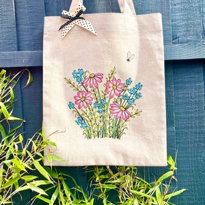 Hand Drawn Floral Tote Bag, Embroidered Linen Bag, Fold up Shopping Bag ...