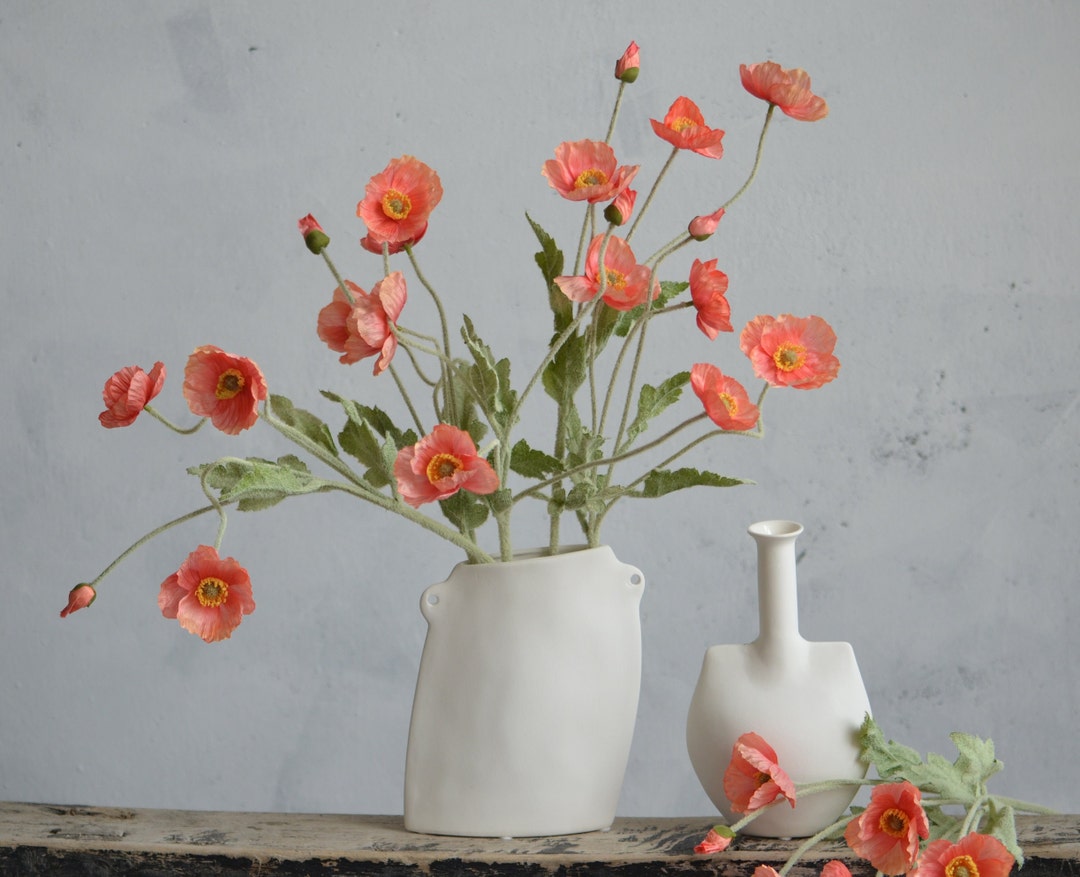 4 Heads Artificial Poppy Flowers-20”, Coral/watermelon Pink, Realistic ...