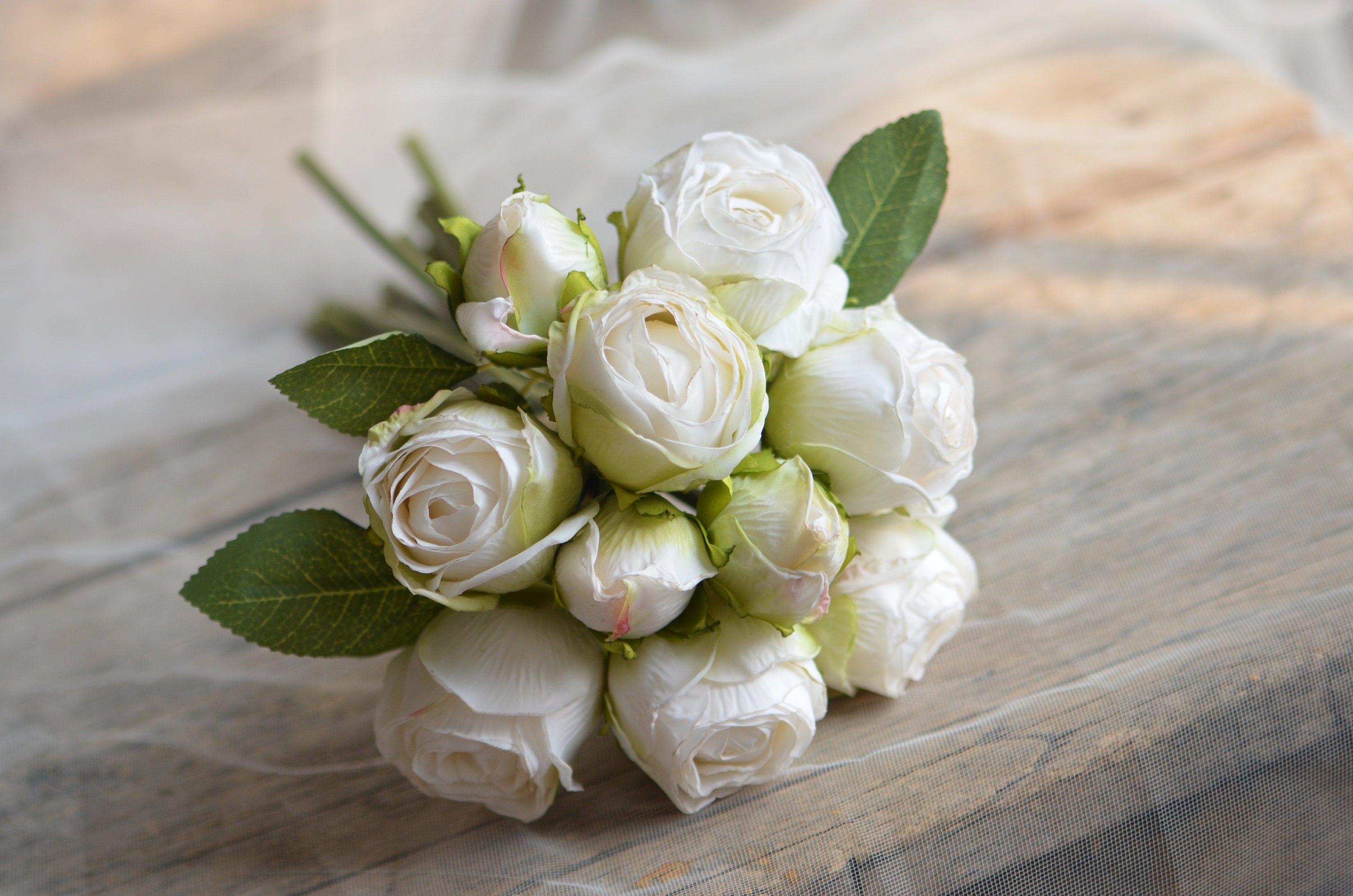 10 Stems White Dried Look Faux Roses, Artificial Flower Bouquet ...
