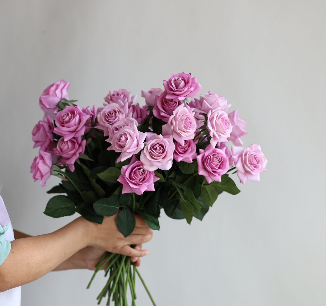 16" Mauve Purple Roses Real Touch Flowers, Lavender Faux Roses, DIY ...