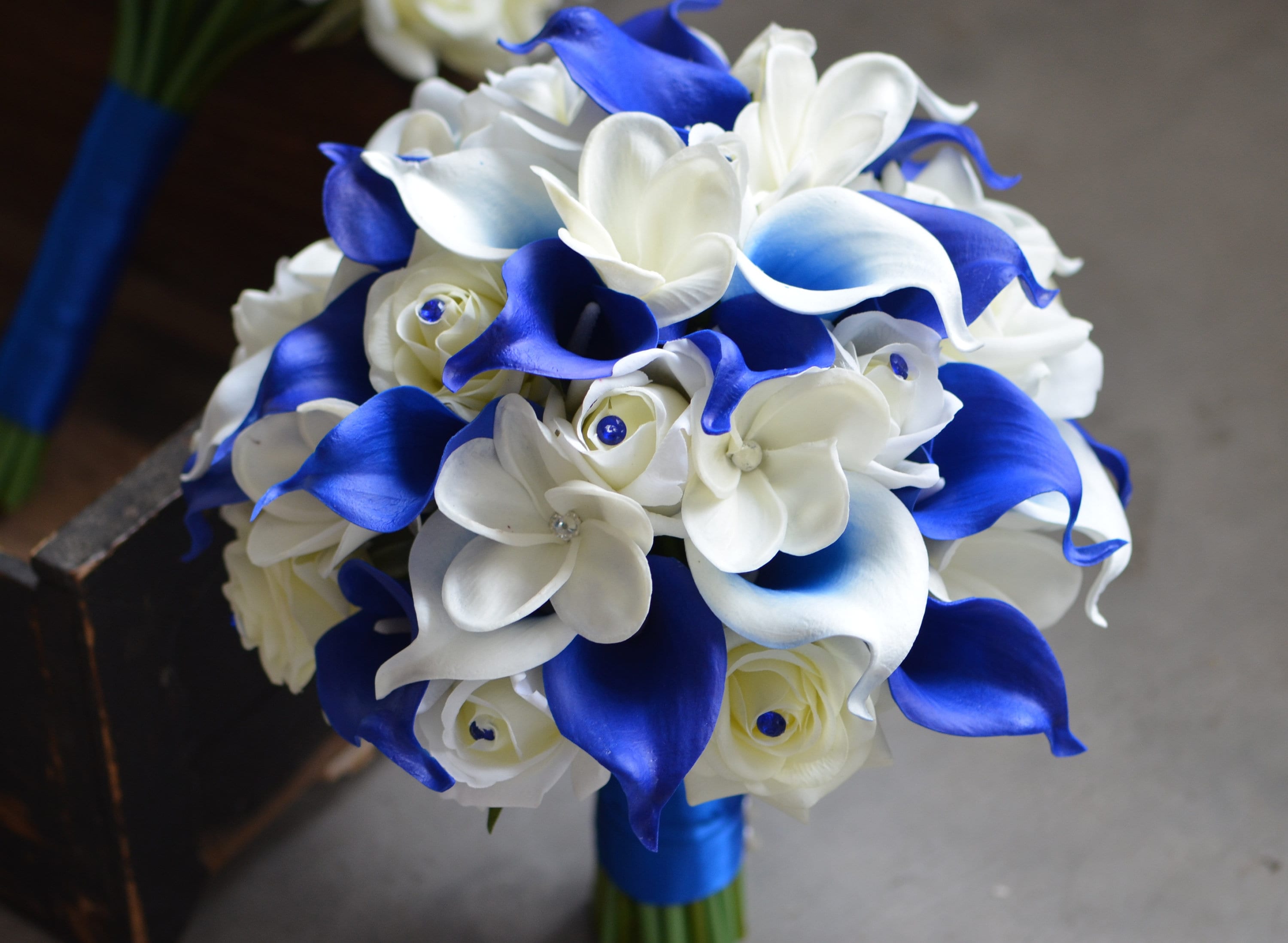 Dark Royal Blue Bridal Bouquet Real Touch Ivory Roses Royal Blue Callas ...