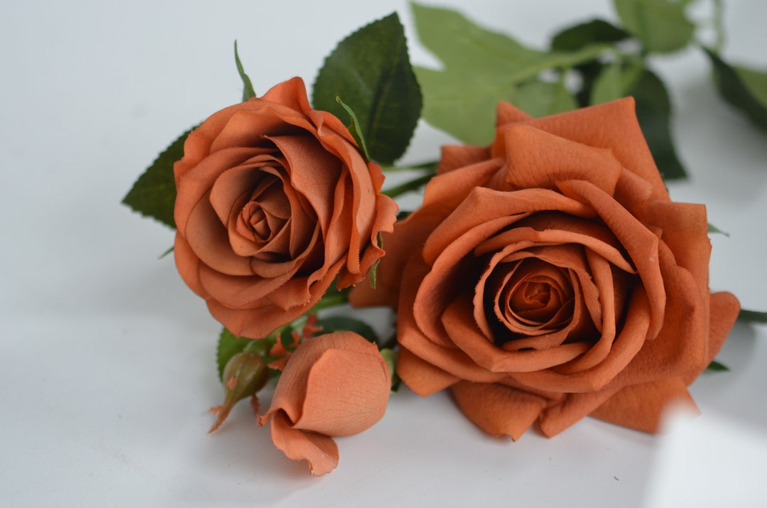 27.5" Burnt Orange Real Touch Artificial Roses, 3 Heads, DIY Florals ...