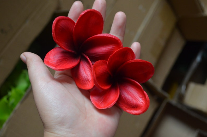 Natural Real Touch Dark Red Artificial Faux Frangipani Plumeria Flower ...