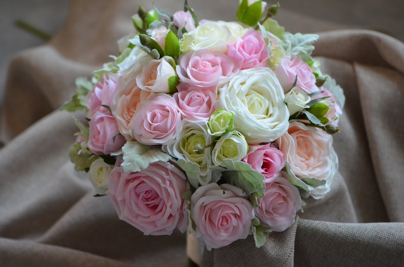 Pink Roses Bouquets Real Touch Pink Ivory Roses Bridal - Etsy