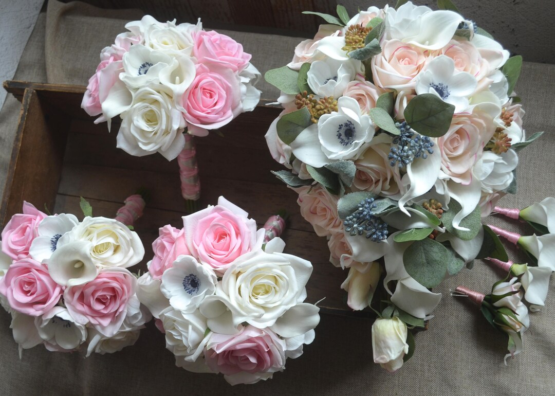 Blush Pink Wedding Bouquets, Real Touch Blush Roses, Ivory Calla Lilies ...