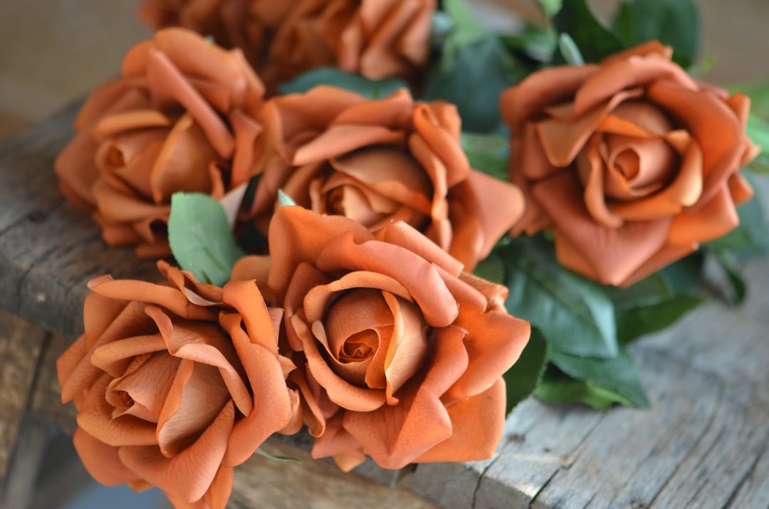 25" Faux Real Touch Roses in Burnt Orange, Rust Orange, Terracotta ...