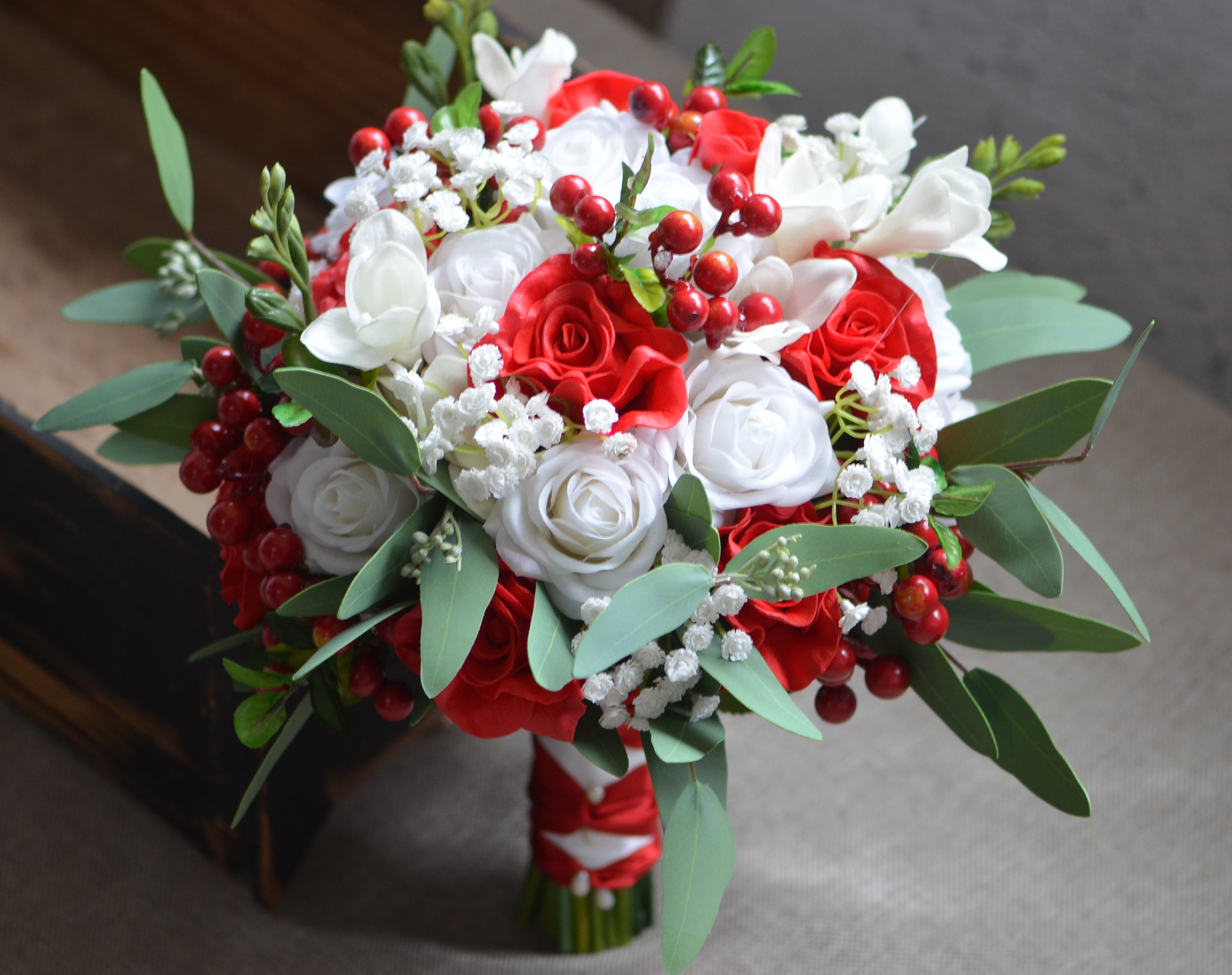 Red Roses Eucalyptus Silk Bridal Bouquets Real Touch Roses | Etsy