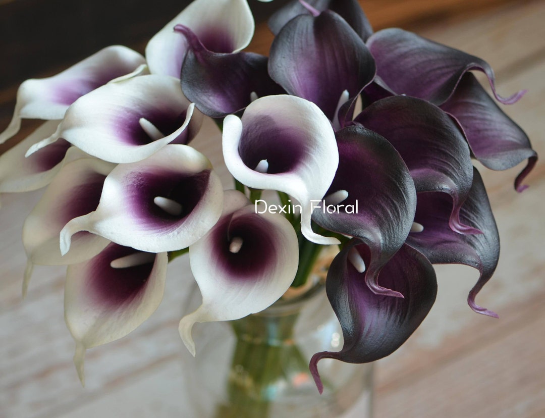 9 Stems Artificial Plum Picasso Calla Lilies, Faux Real Touch Calla ...