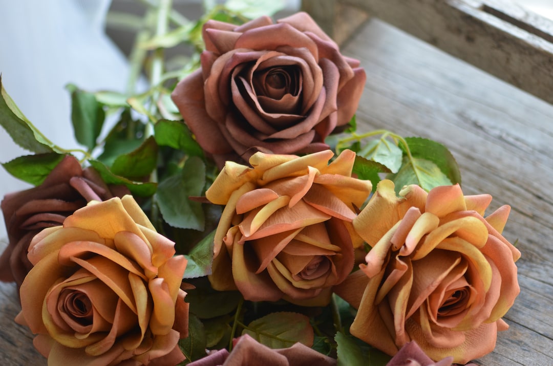 Fall Orange, Dark Brown Real Touch Fake Roses, Faux Terracotta Roses ...