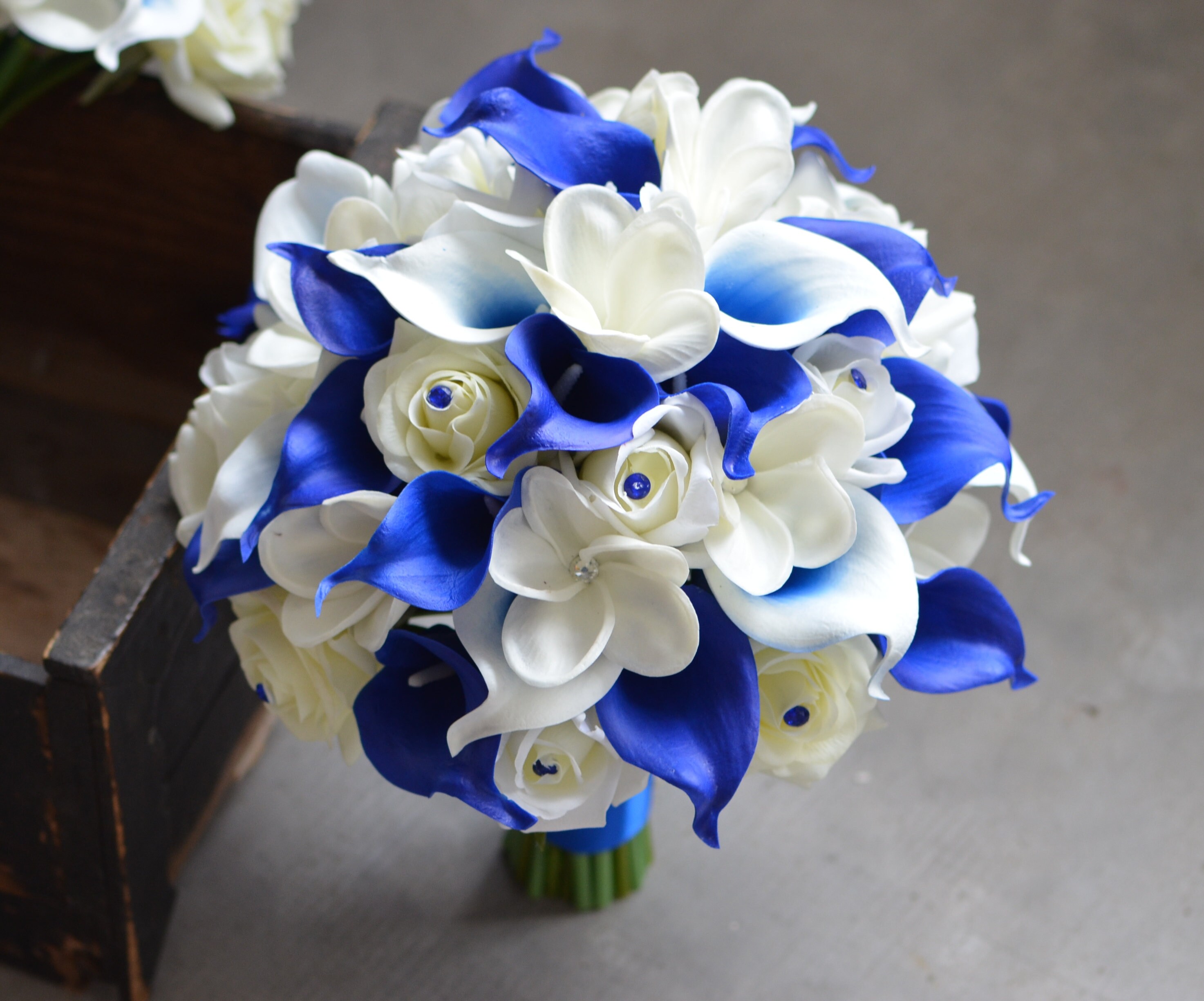 Dark Royal Blue Bridal Bouquet Real Touch Ivory Roses Royal Blue Callas ...