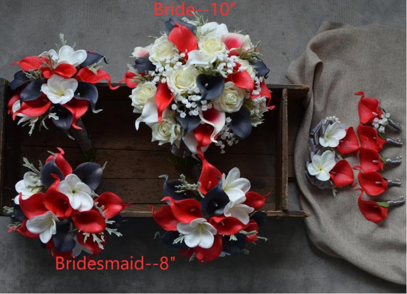 Red Gray Wedding Bouquets, Real Touch Calla Lilies, Roses, Plumerias ...