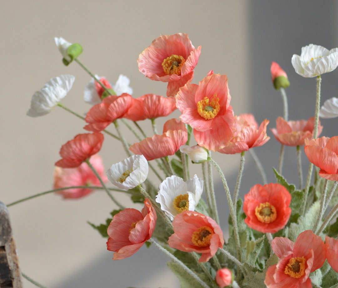 4 Heads 23.5" Artificial Poppy Flowers, Watermelon Red Fake Poppy Stem ...