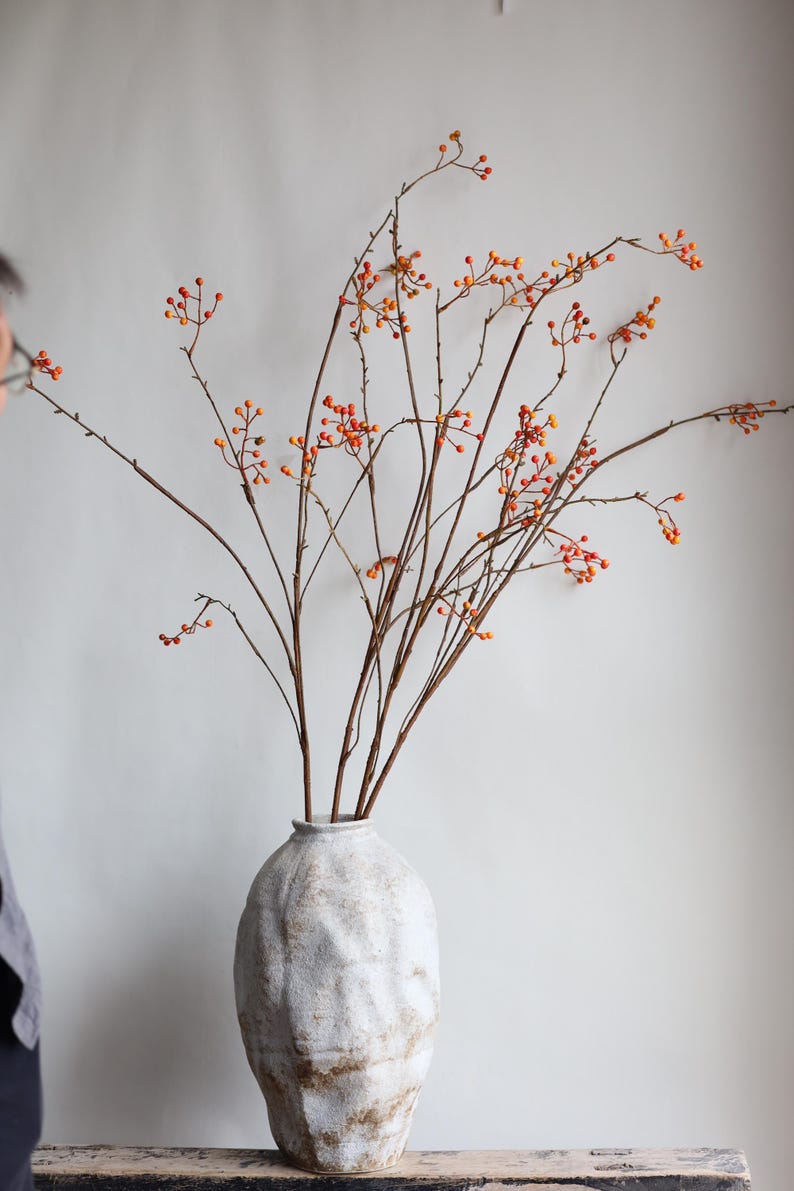 55" Faux Orange Berry Branch Stem, Decorative Plant Stem, Minimalist ...