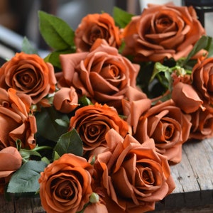 27.5" Burnt Orange Real Touch Artificial Roses, 3 Heads, DIY Florals ...